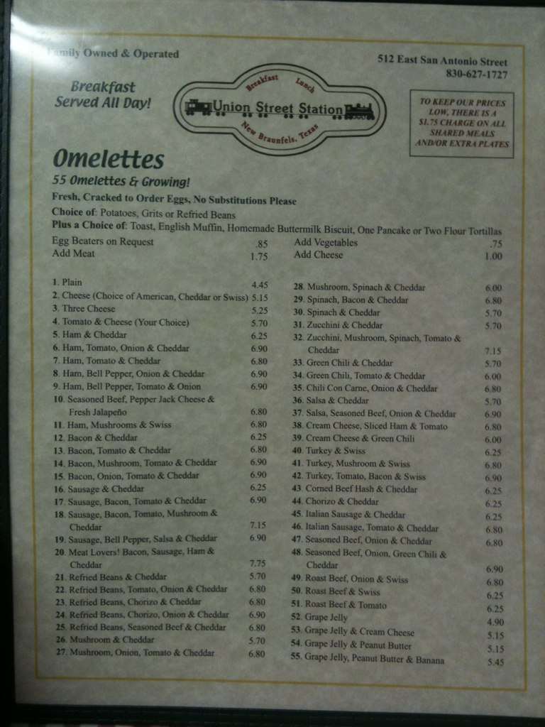 Menu at Union Station Diner restaurant, New Braunfels