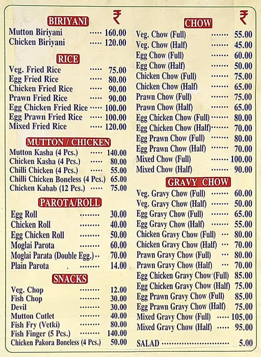 Menu of Padma Restaurant, College Street, Kolkata