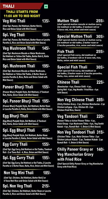 Menu of Thali Master, Crossing Republik, Ghaziabad