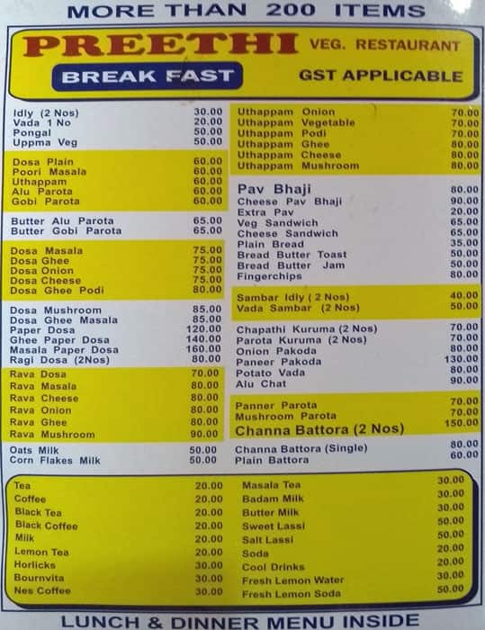 Menu of Hotel Preethi Palace, Elk Hill, Ooty