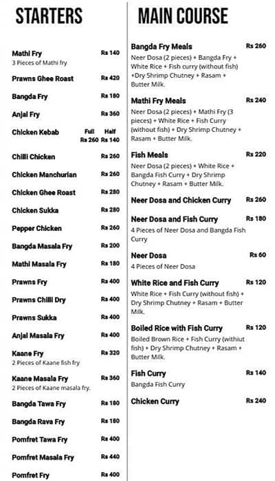 Menu of Shankar Fish Land, RT Nagar, Bangalore