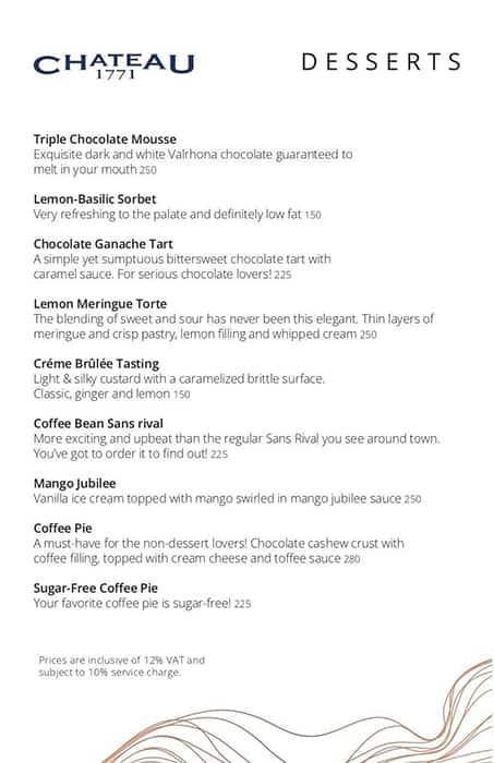 Menu at Chateau 1771 restaurant, Taguig, One Bonifacio High Street