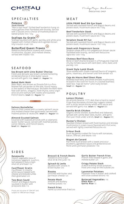Menu at Chateau 1771 restaurant, Taguig, One Bonifacio High Street