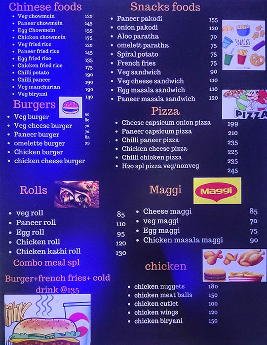 Menu of H2O Cafe, Civil Lines, Allahabad