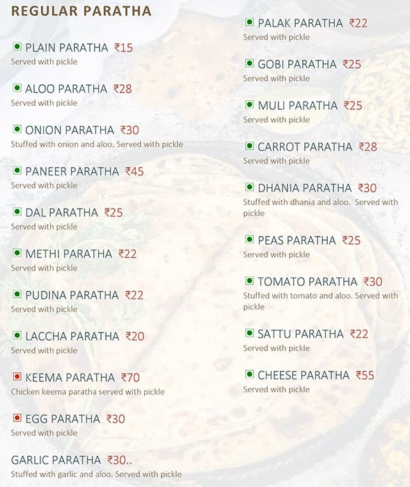Menu of Paratha Gully, Dhakuria, Kolkata