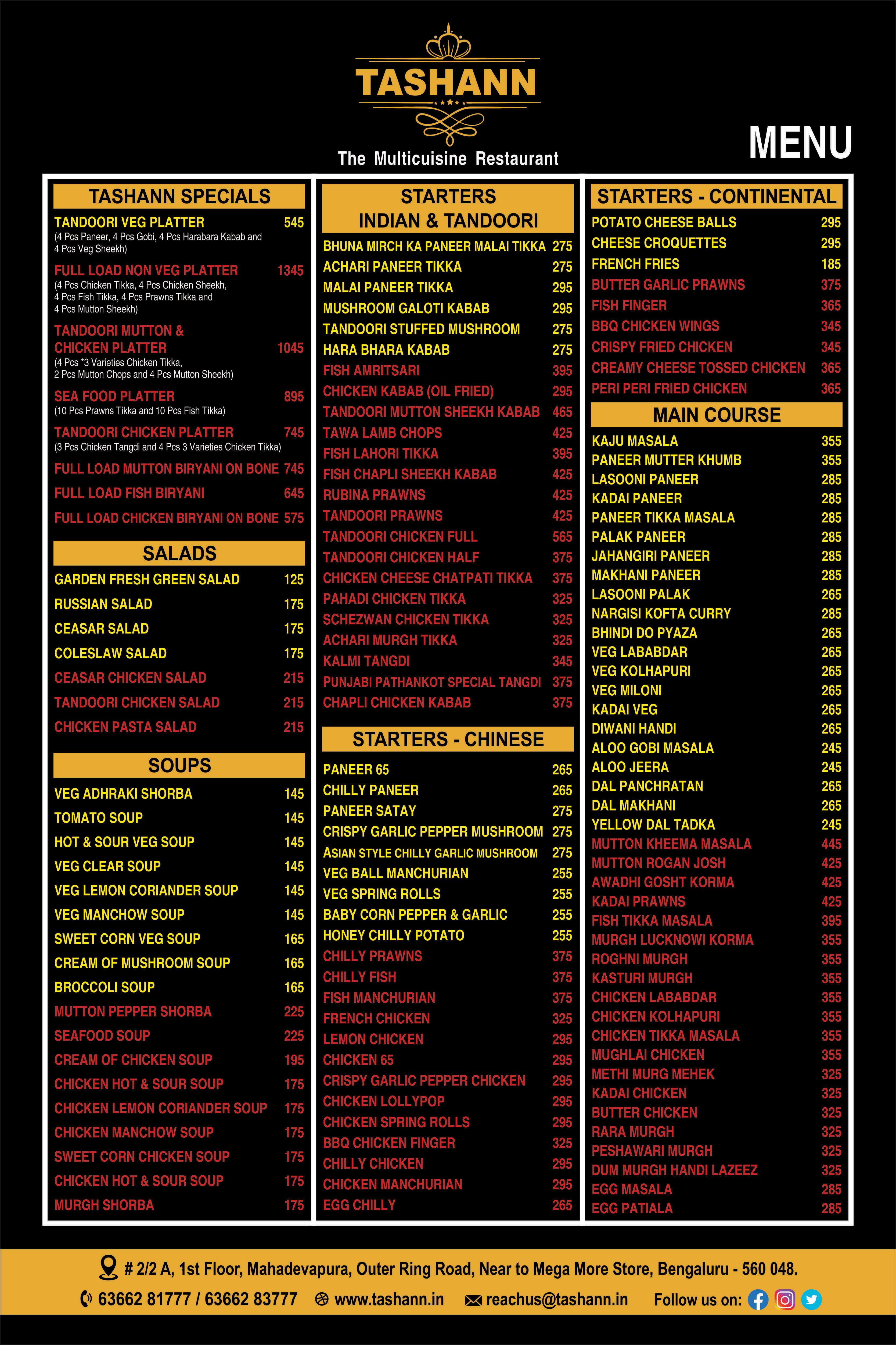 Menu of Tashann, Mahadevapura, Bangalore