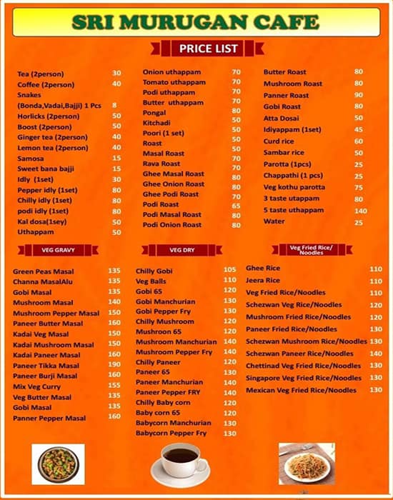 Menu of Sri Murugan Cafe, Kalapatti, Coimbatore