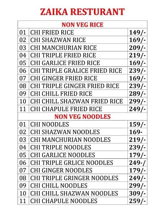 Menu of Zaika Restaurant, Sakinaka, Mumbai