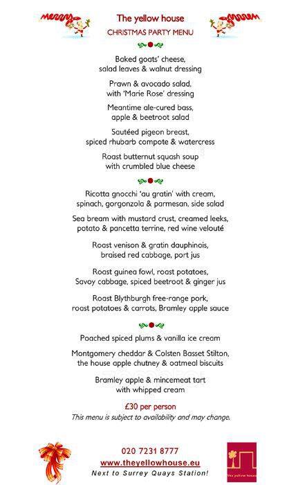 The Yellow House Menu, Menu for The Yellow House, Surrey Quays, London ...
