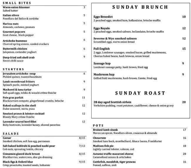 Menu at Madison restaurant, London, New Change