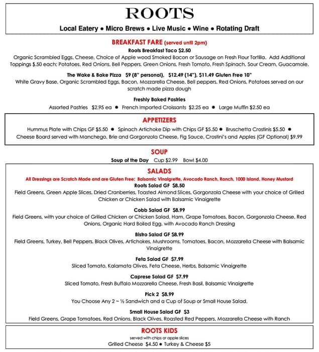 Menu at Roots pizzeria, Georgetown