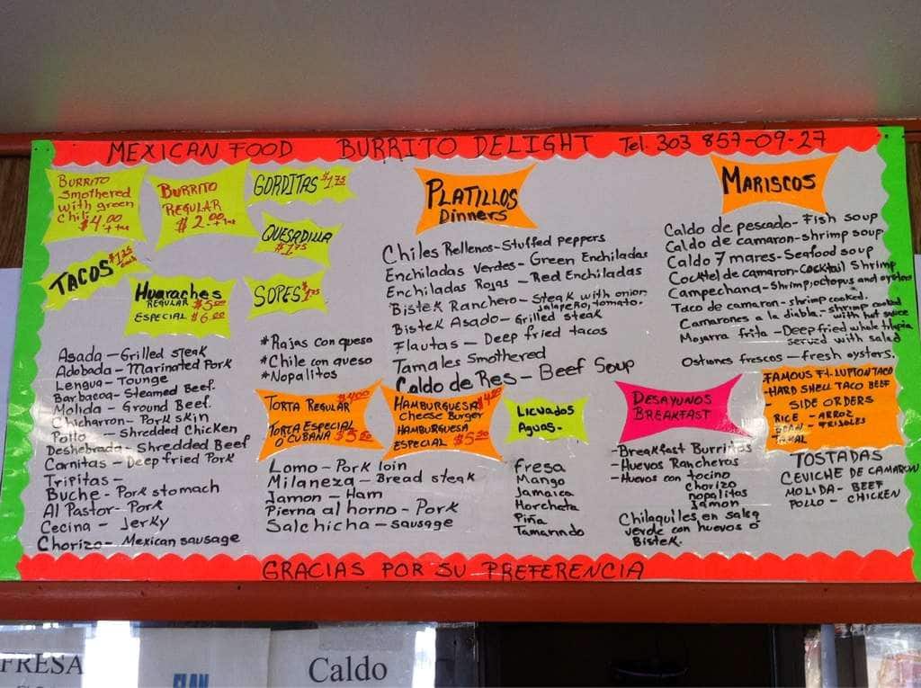 Menu at Burrito Delight restaurant, Fort Lupton