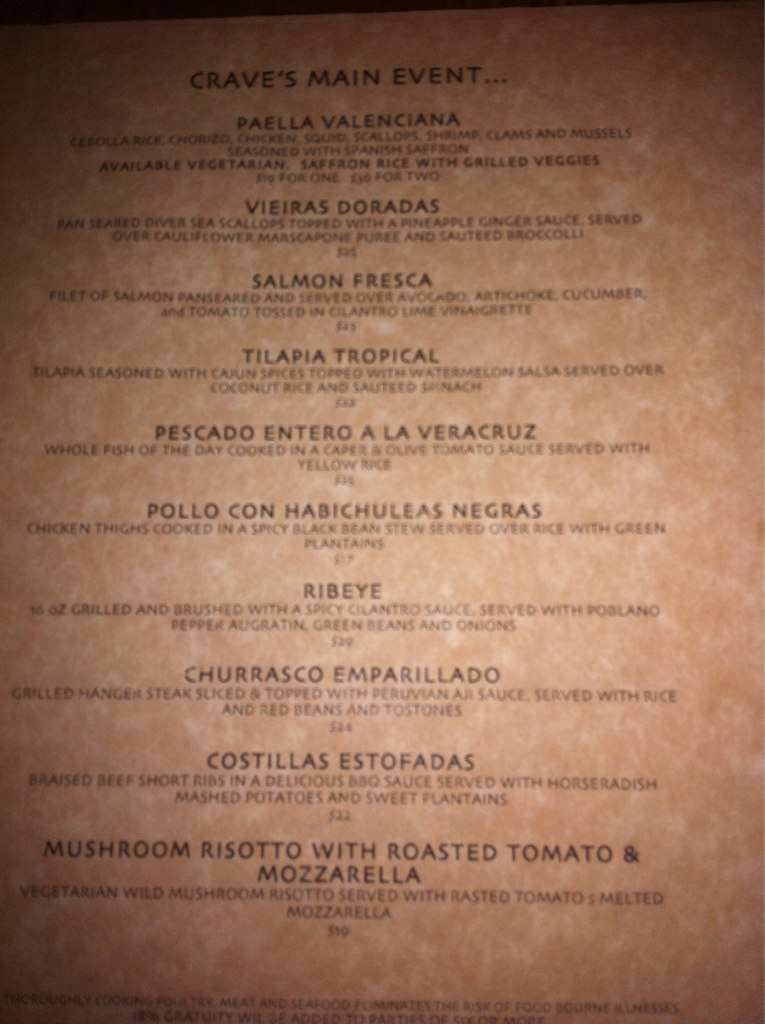 Menu at Crave restaurant, Ansonia
