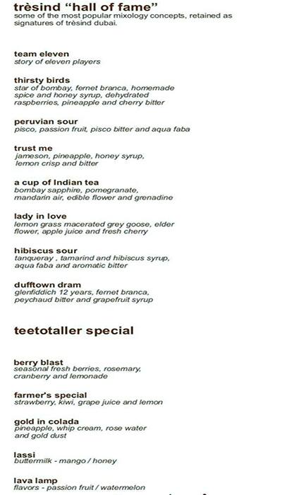 Menu at Trèsind, Mumbai
