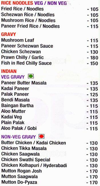 Menu at Swathi Palace Restaurant, Bengaluru