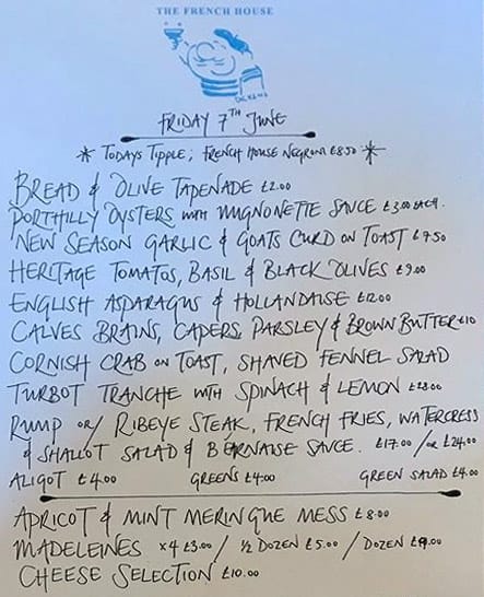 Menu at The French House pub & bar, London, 49 Dean St