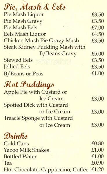 Menu at Golden Pie cafe, London