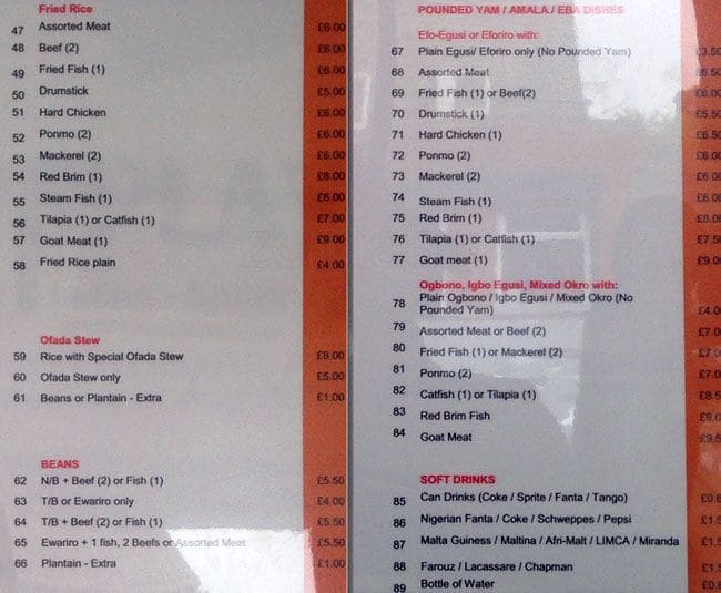 Menu at Tasty African Food restaurant, London, 83 Longbridge Rd