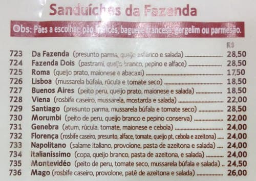 Menu at Padaria Fazenda dos Pães, São Paulo