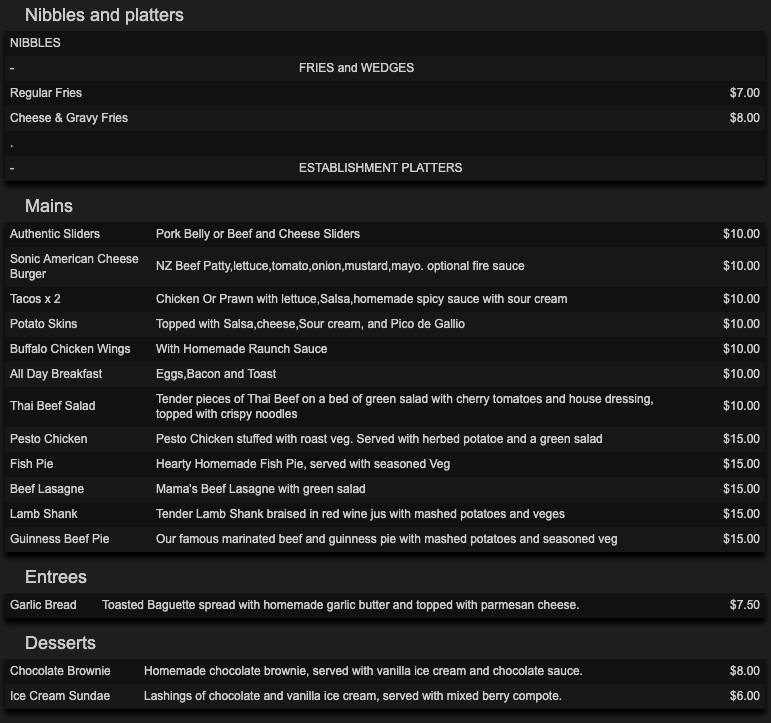 Menu at The Establishment pub & bar, Wellington