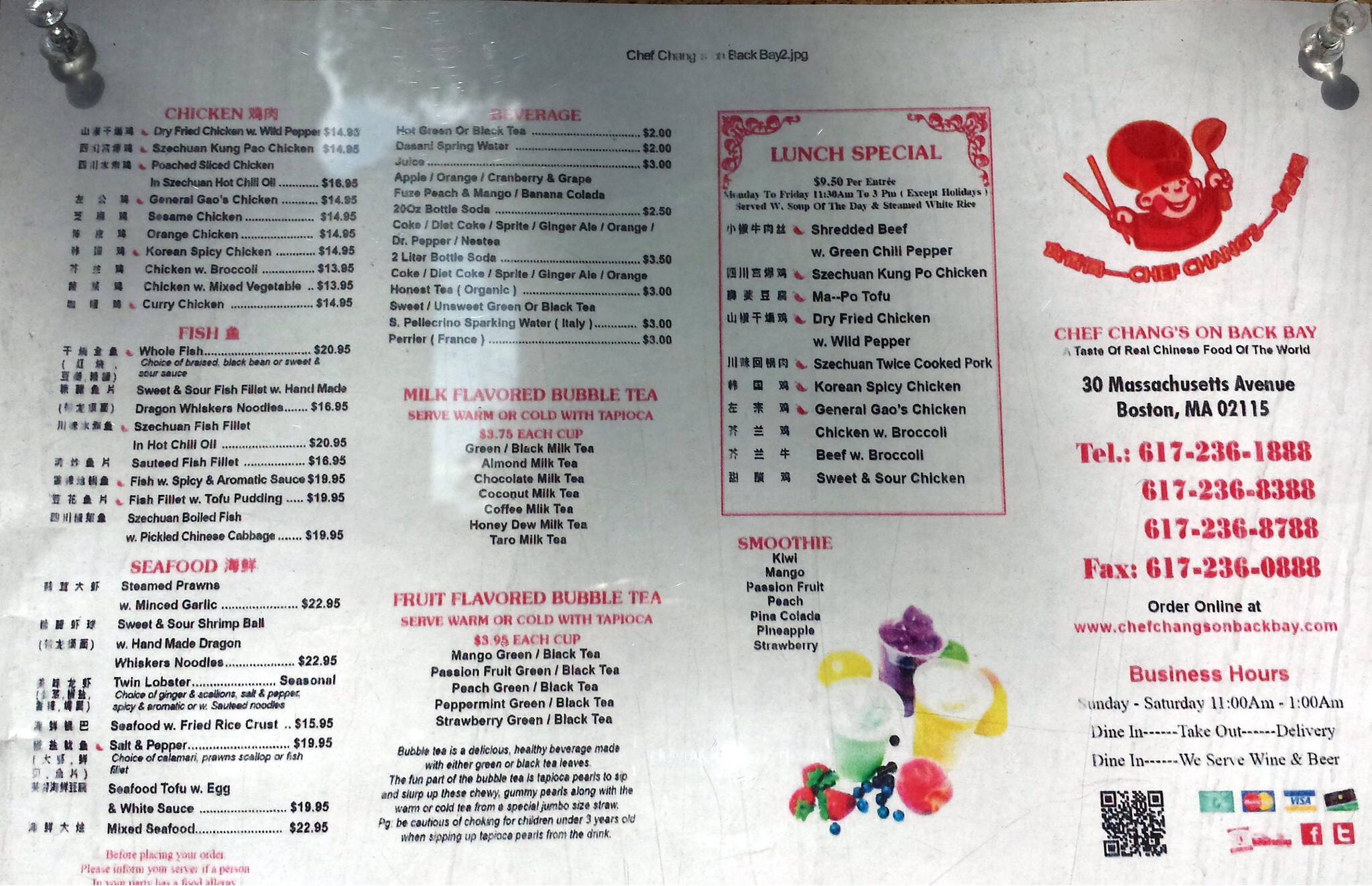 Menu at Chef Chang's restaurant, Boston