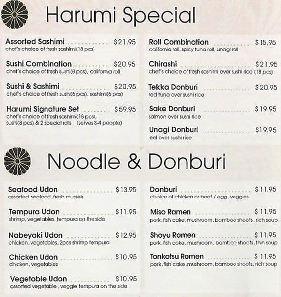 Menu at Harumi Sushi restaurant, Cupertino