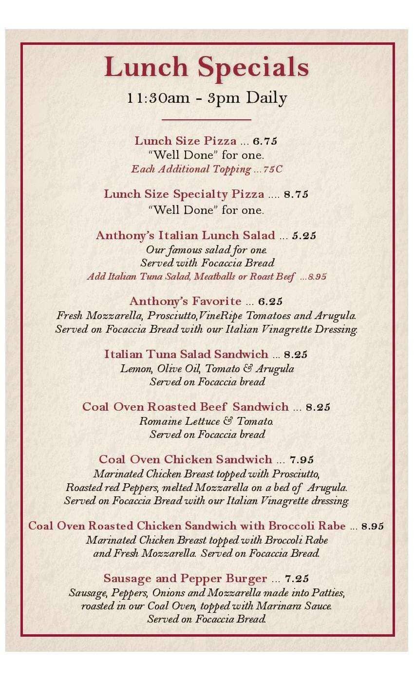 Menu at Anthony's Coal Fired Pizza pizzeria, Coral Gables, Ponce de Leon