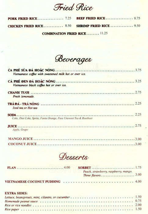 Menu at Kim Ba Vietnamese Cuisine restaurant, Aurora