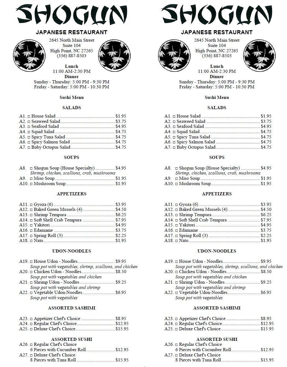 Menu At Shogun Japanese Restaurant High Point