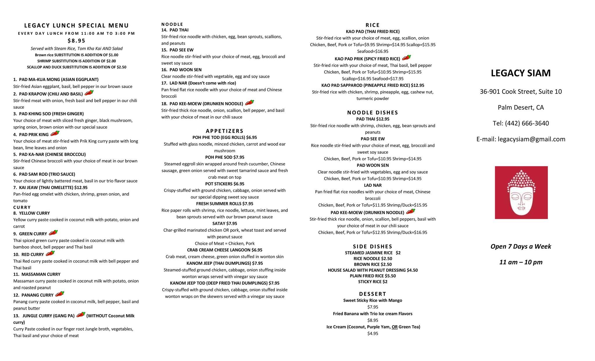 Menu at Legacy Siam restaurant, Palm Desert