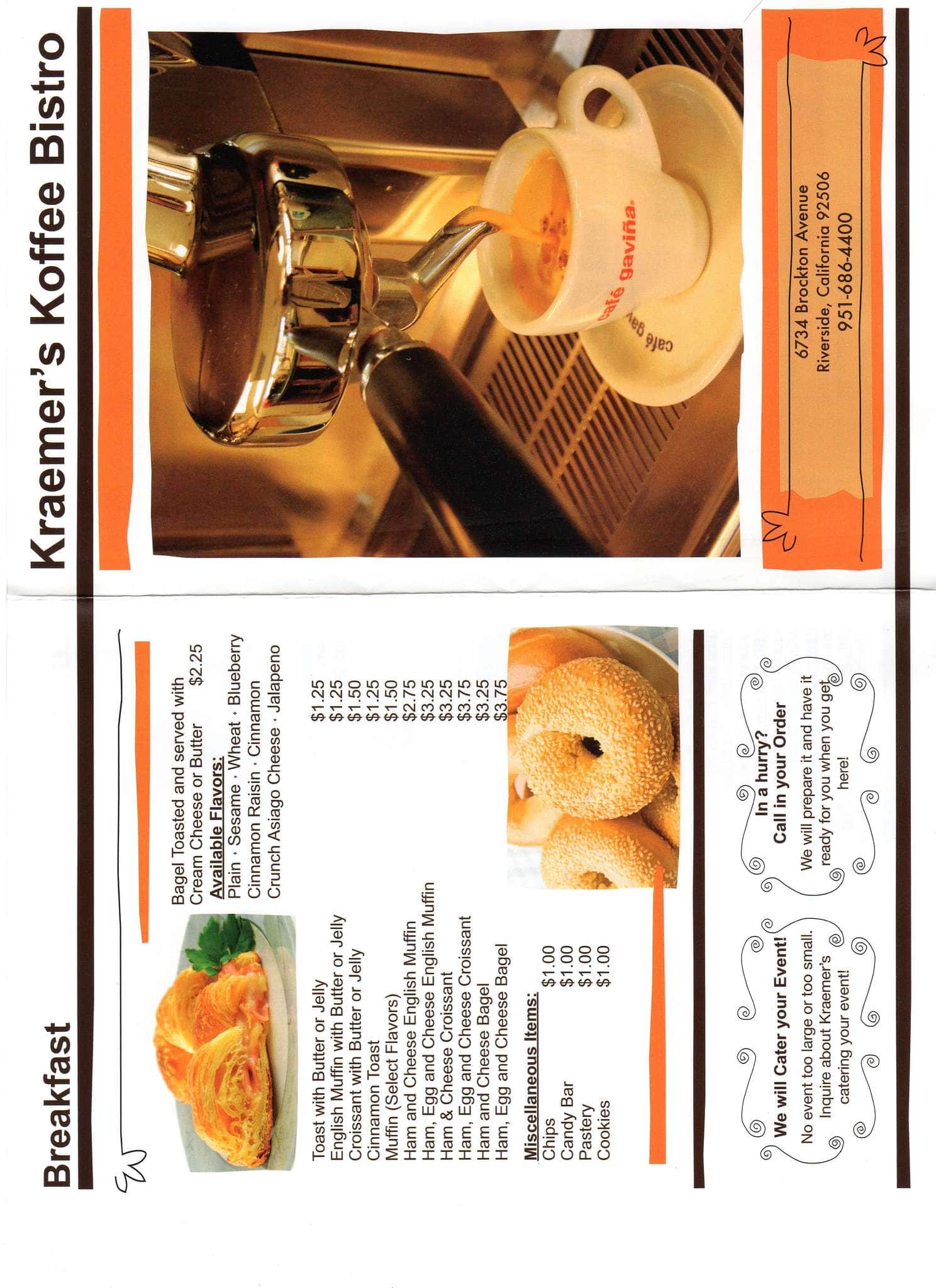 Menu at Kraemer's Koffee Bistro cafe, Riverside