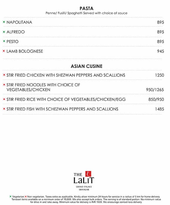 Menu at The Chinar-The Lalit Grand Palace Srinagar, Srinagar
