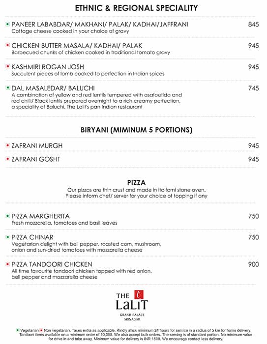 Menu at The Chinar-The Lalit Grand Palace Srinagar, Srinagar