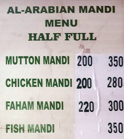 Menu of Al Arabian Mandi, Koti, Hyderabad