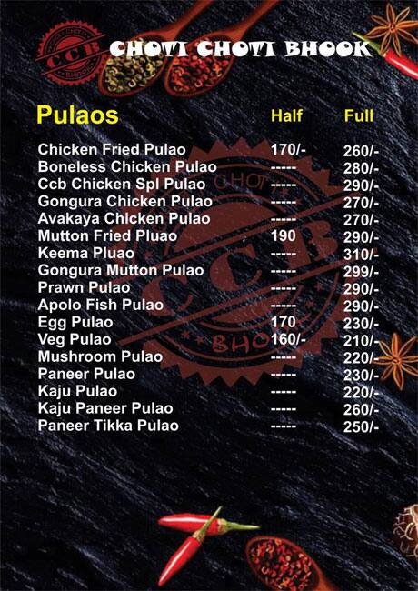 Menu at CCB(choti choti bhook), Secunderabad