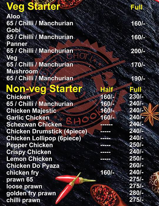 Menu at CCB(choti choti bhook), Secunderabad