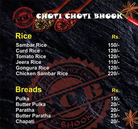 Menu at CCB(choti choti bhook), Secunderabad