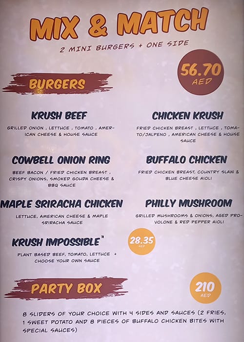 Menu of Krush Burger, University City, Sharjah