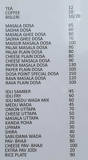 Menu of Dosa Point, Alandi, Pune