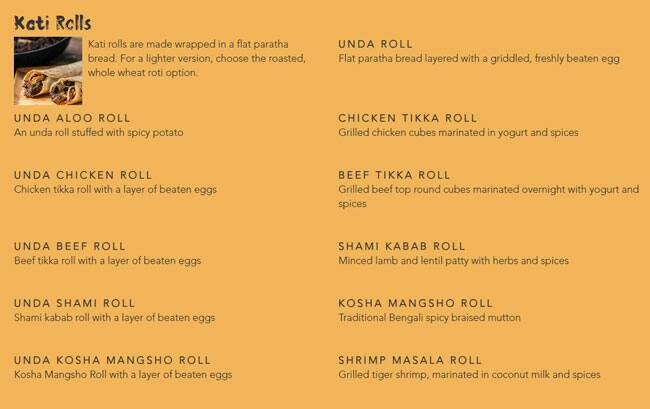 Menu at The Kati Roll Company restaurant, London