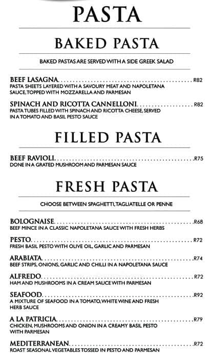 Menu at La Romantica restaurant, Stellenbosch, 6 High St.