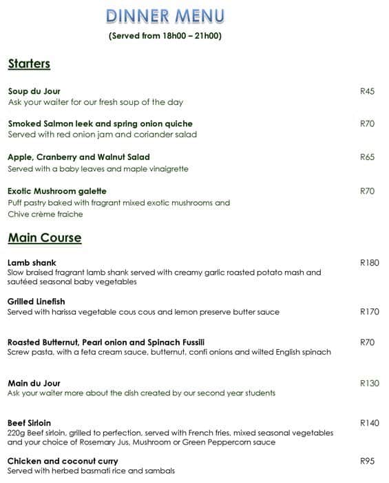 Menu at Cape Town Hotel School Restaurant, Cape Town, Granger Bay