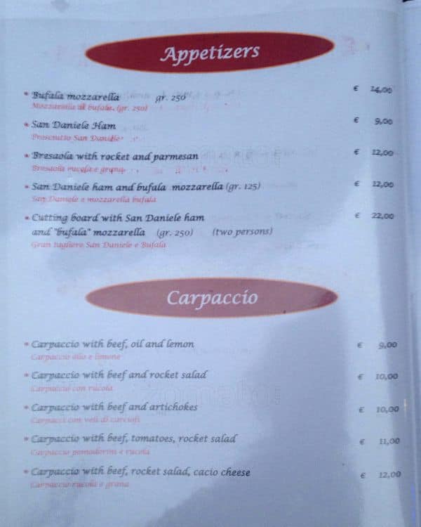 Menu at Rugantino restaurant, Milan, Via dei Fabbri