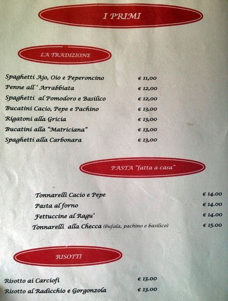Menu at Rugantino restaurant, Milan, Via dei Fabbri