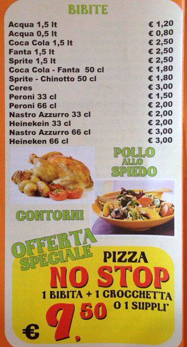 Menu at La Vera Pizza al Metro pizzeria, Rome