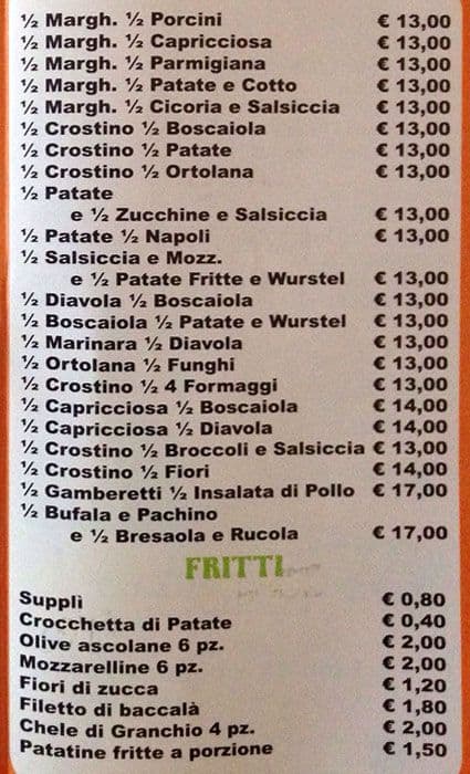 Menu at La Vera Pizza al Metro pizzeria, Rome