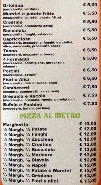 Menu at La Vera Pizza al Metro pizzeria, Rome