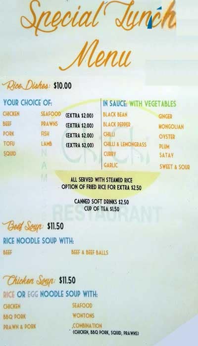 Menu at ChiChi Vietnamese Restaurant, Niddrie