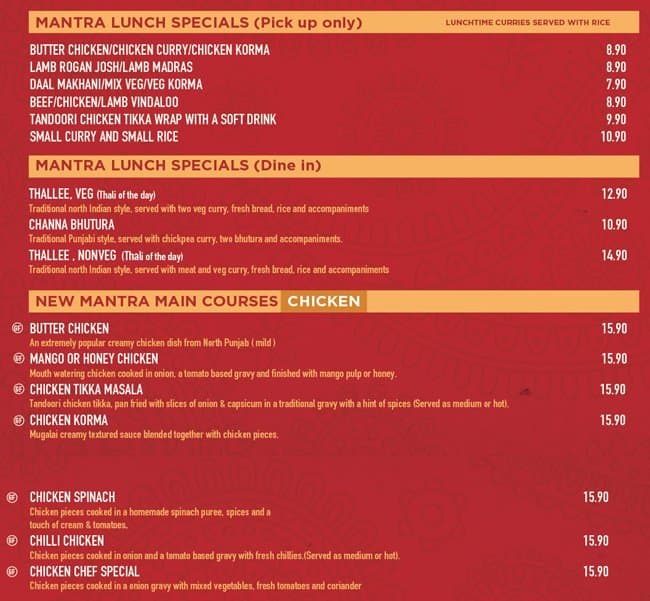 Menu at New Mantra restaurant, Greenacres