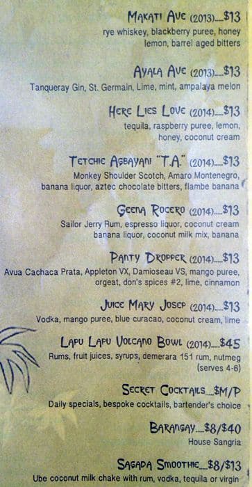 Menu at Jeepney restaurant, New York City